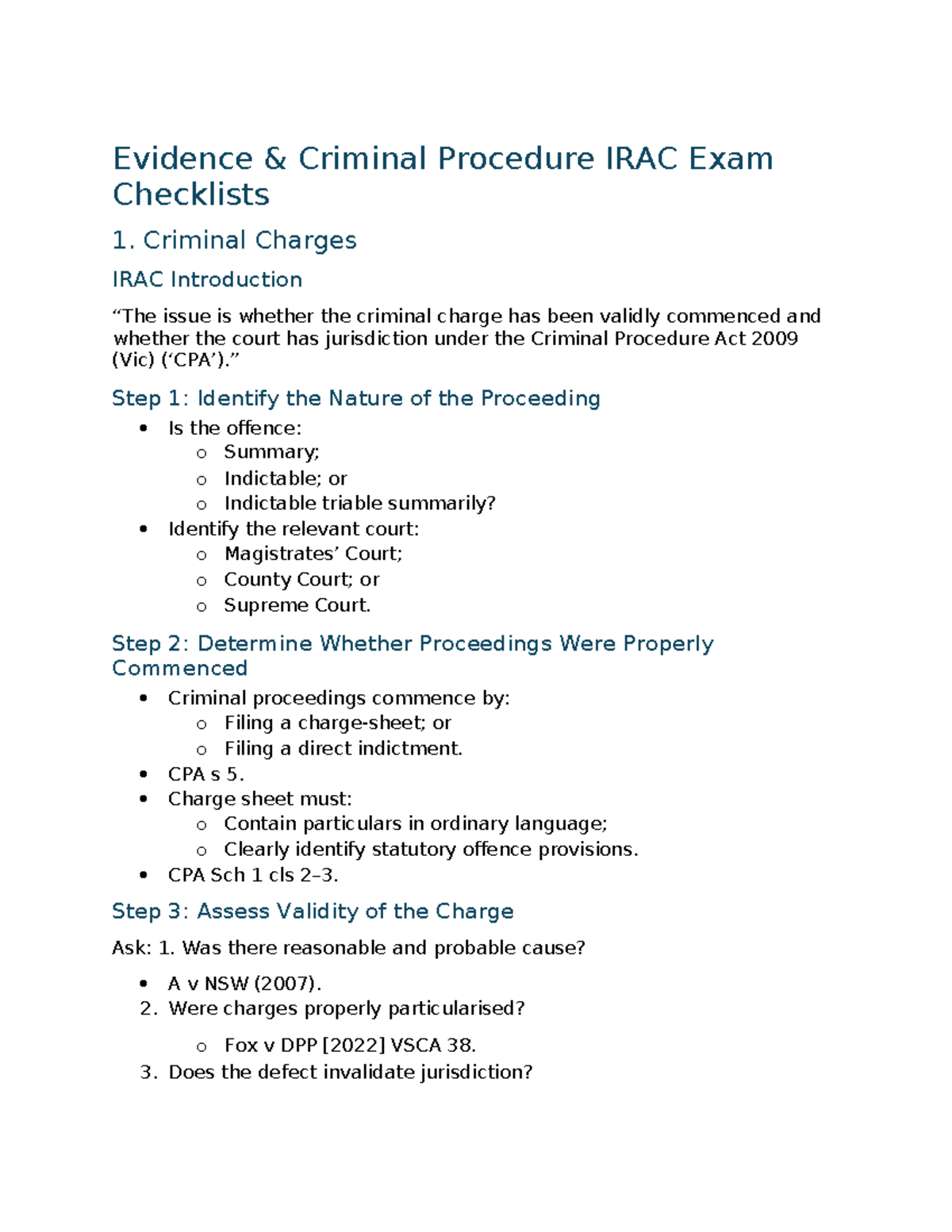 Evidence Criminal Procedure IRAC Exam Checklists: Key Issues & Steps ...