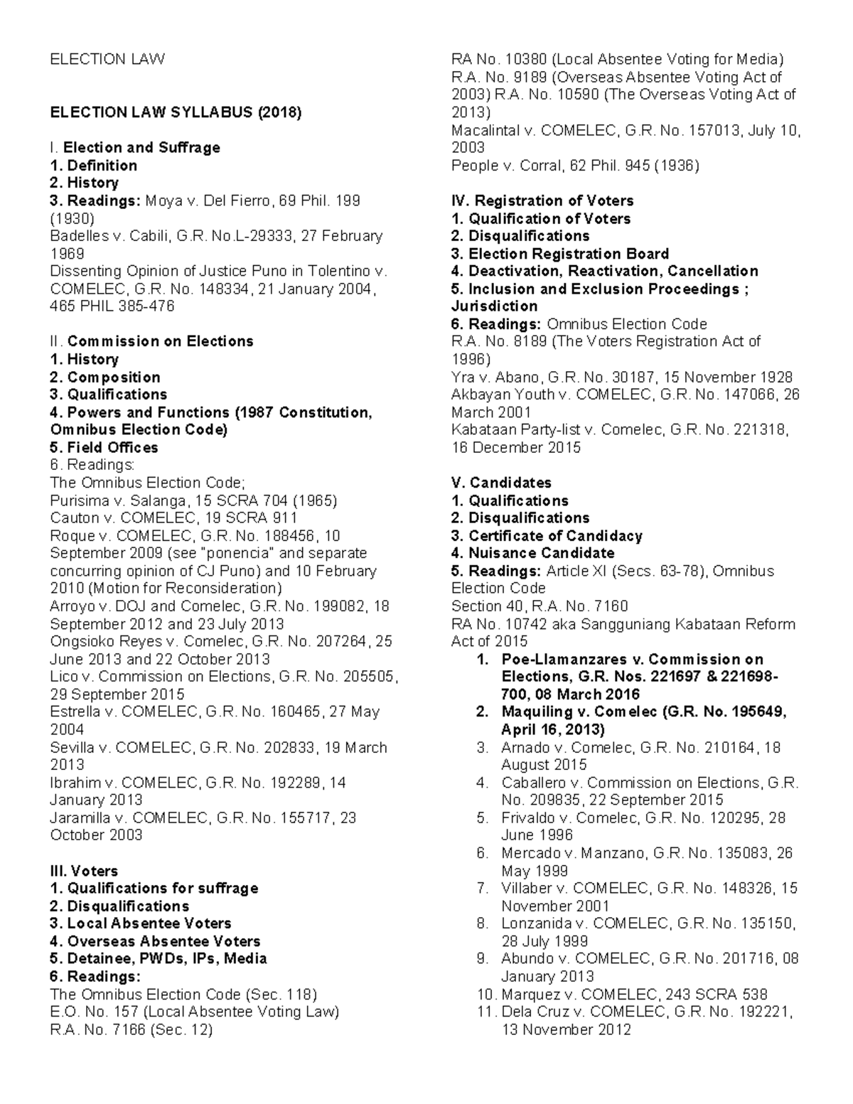 Election Law Syllabus (2018) - Comprehensive Overview - Studocu