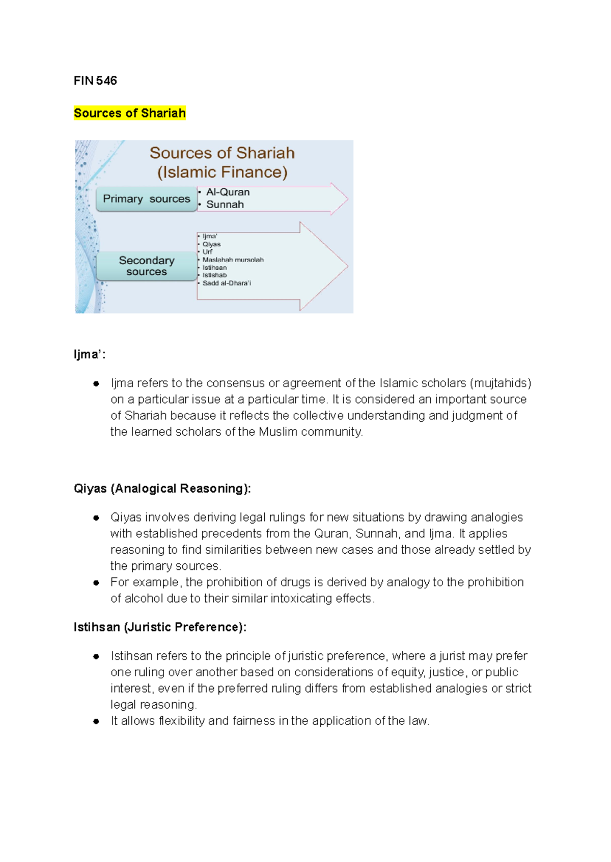 FIN 546 - Summary of Shariah Sources and Islamic Finance Principles ...