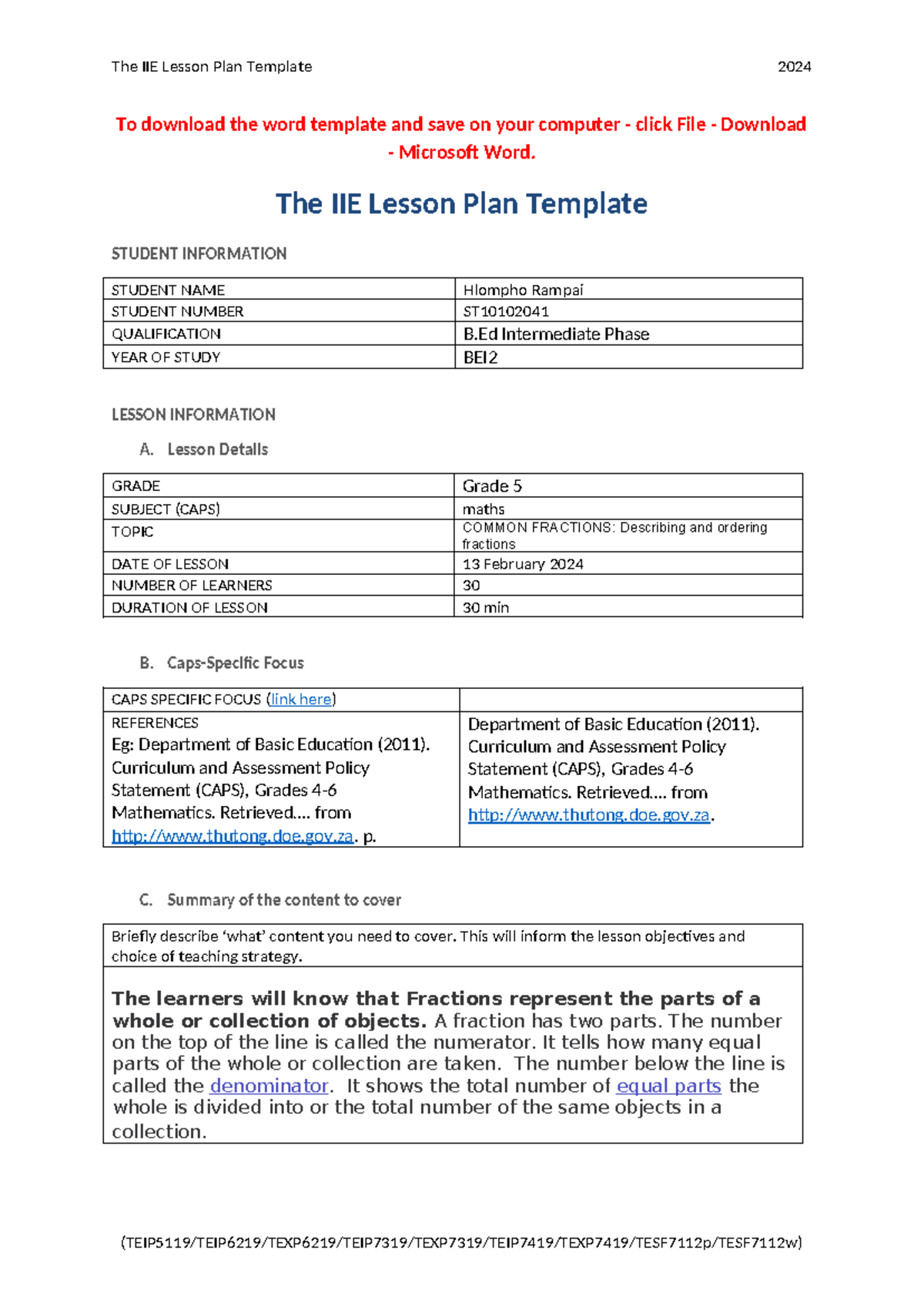 B.Ed Lesson Plan for Grade 5 Maths: Common Fractions Overview - Studocu