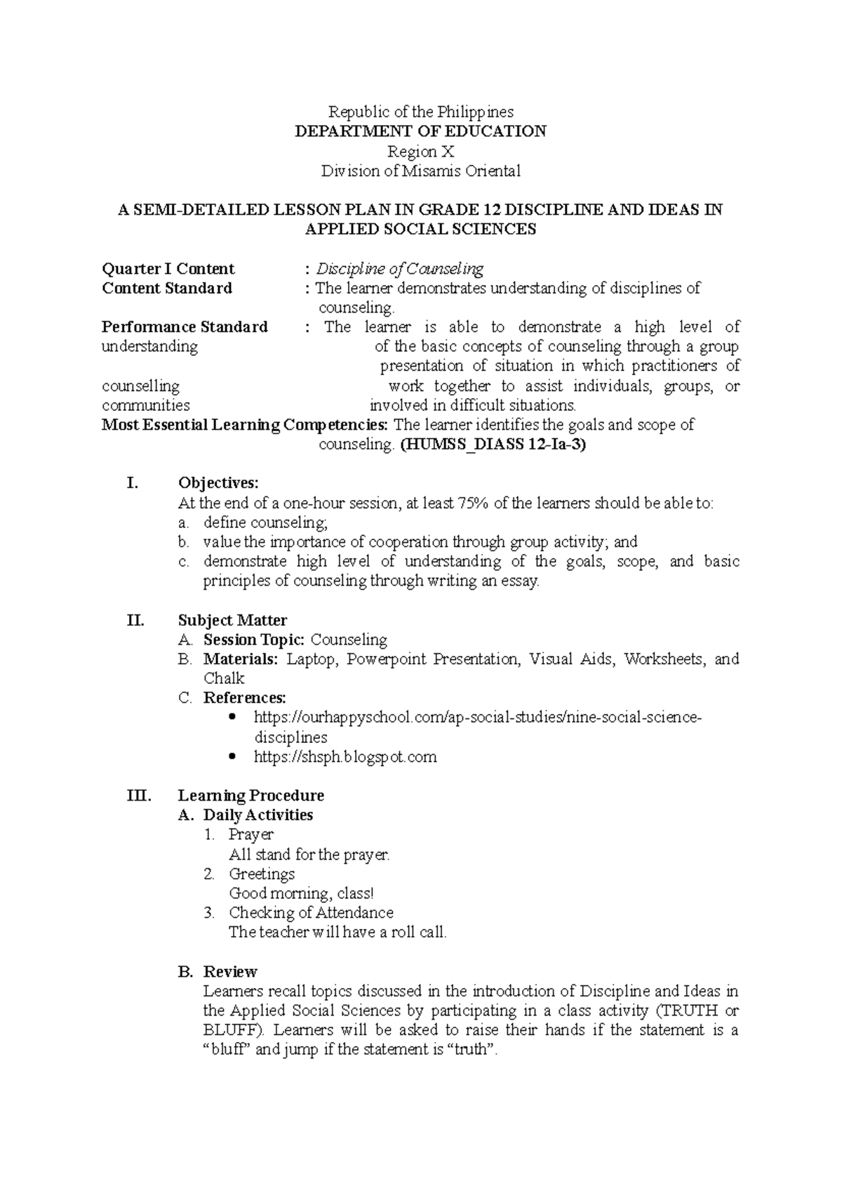 HUMSS_DIASS 12 Semi-Detailed Lesson Plan: Introduction to Counseling ...