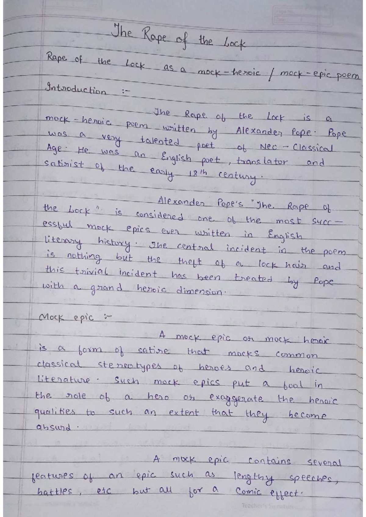 The Rape of the Lock (ENG 101) - Mock Epic Poem Analysis Notes - Studocu