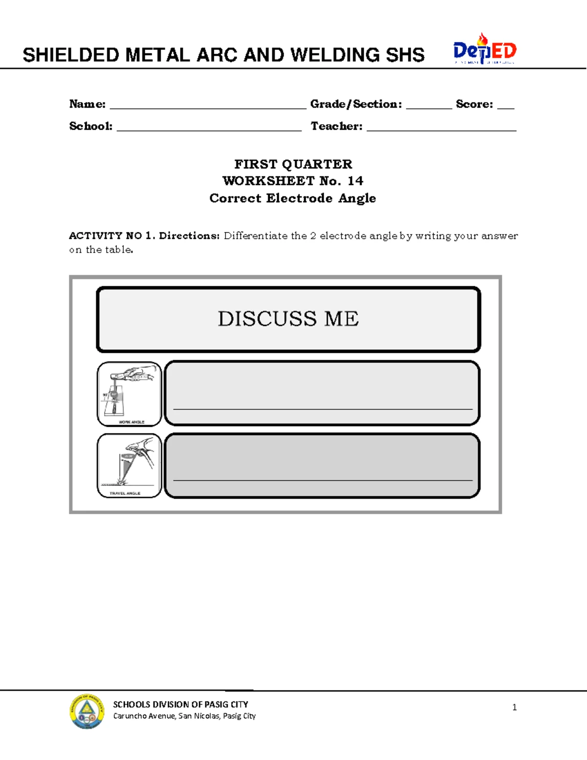 TVL - SMAW 11 - Q1 - DW12 - Shielded Metal Arc Welding Worksheet - Studocu