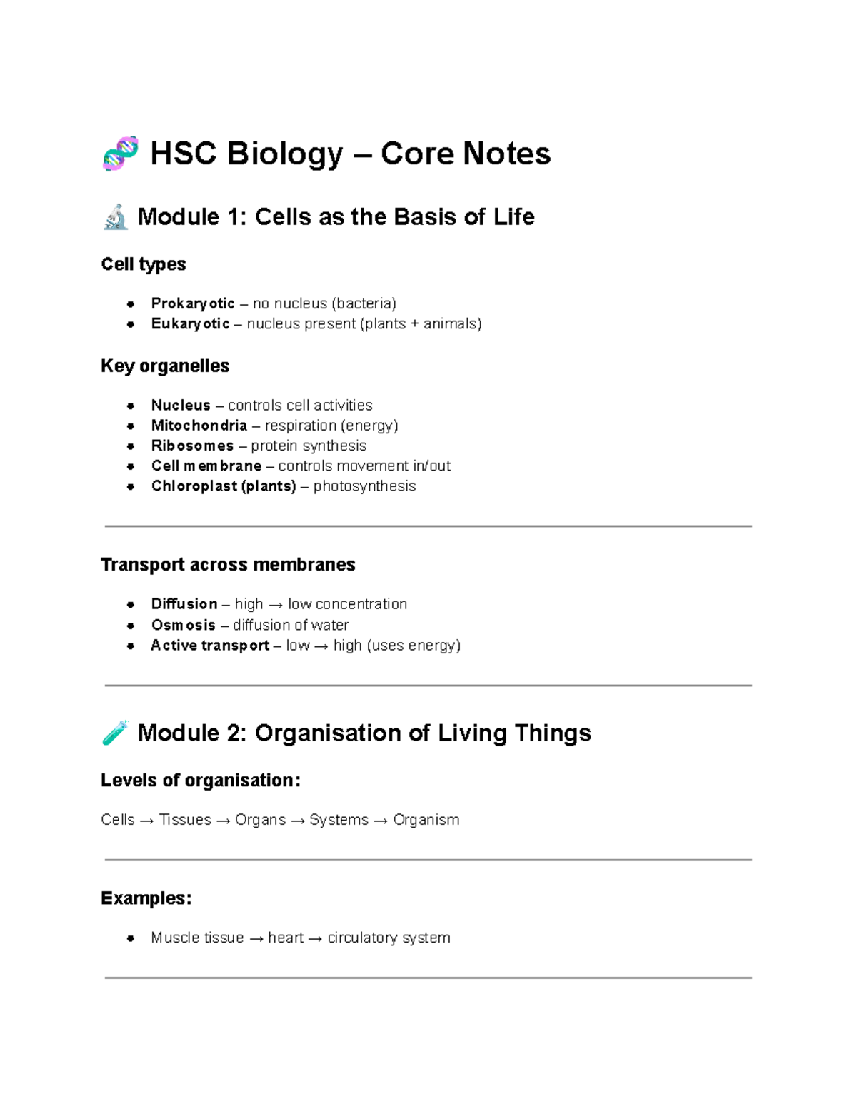 HSC Biology Core Notes: Cells, Diversity & Ecosystem Dynamics - Studocu
