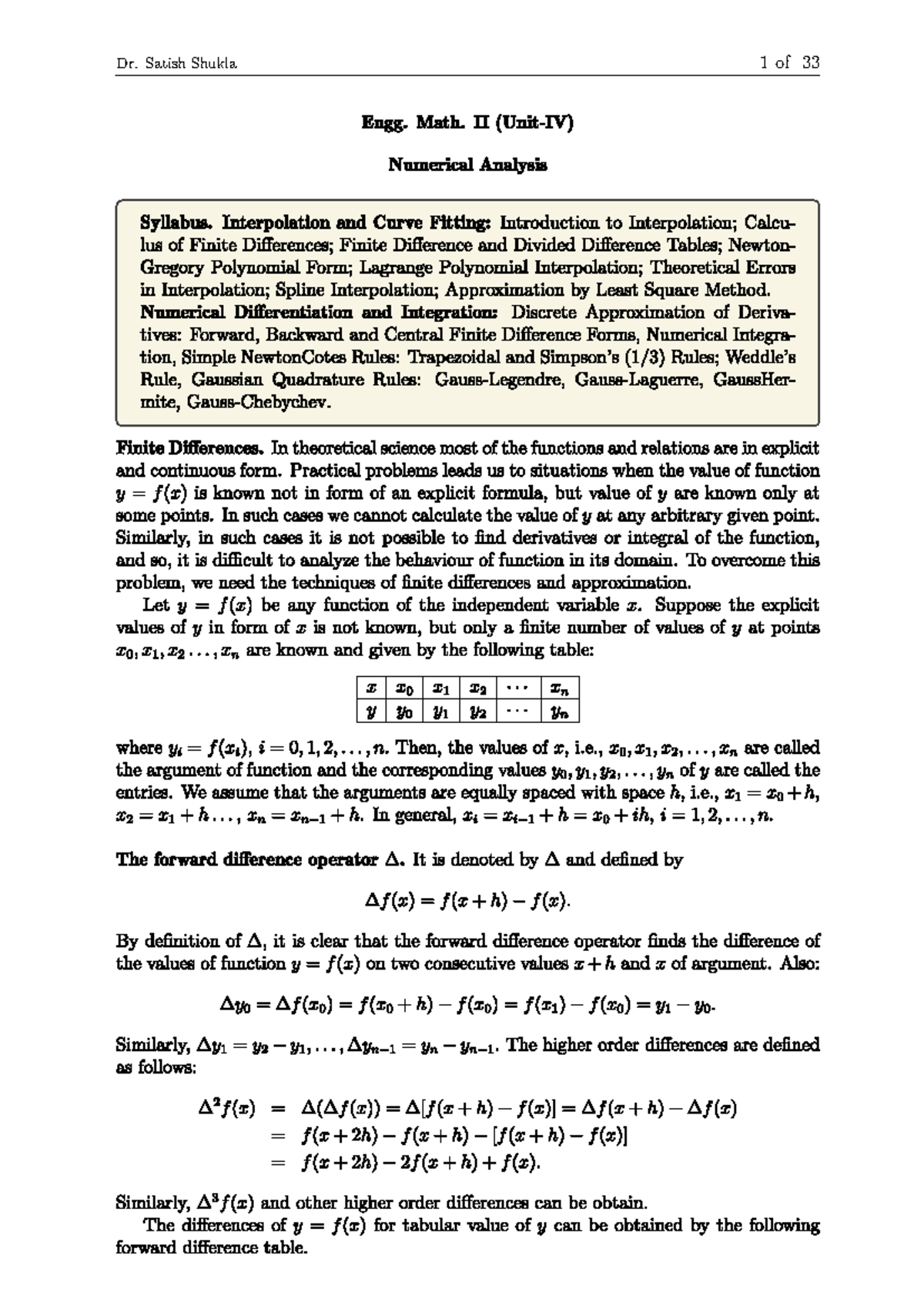 M2 Unit-III Numerical Analysis Syllabus: Interpolation & Curve Fitting - Studocu