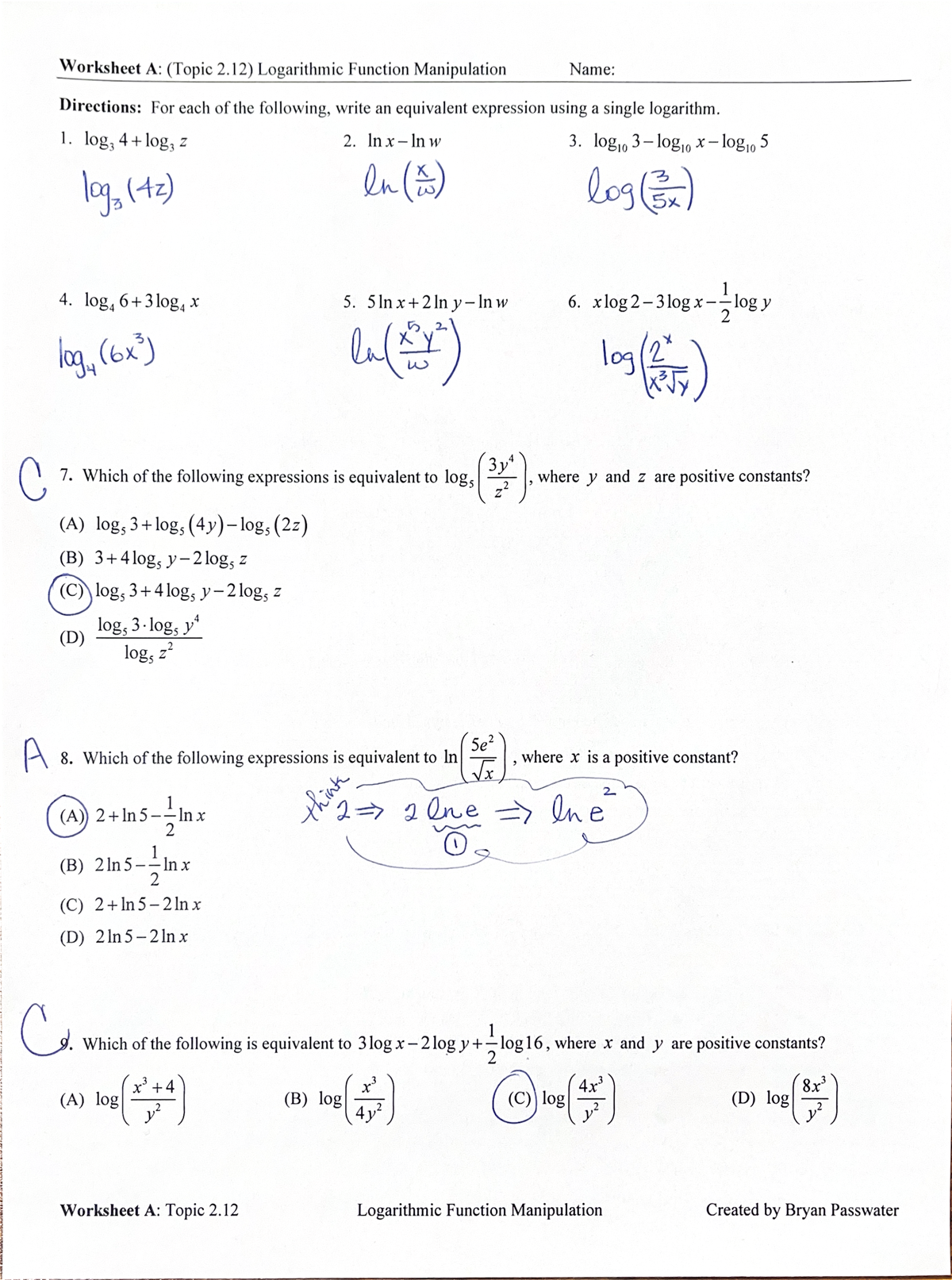Logarithmic Functions: Worksheet A (Topic 2.12) Manipulation Guide ...