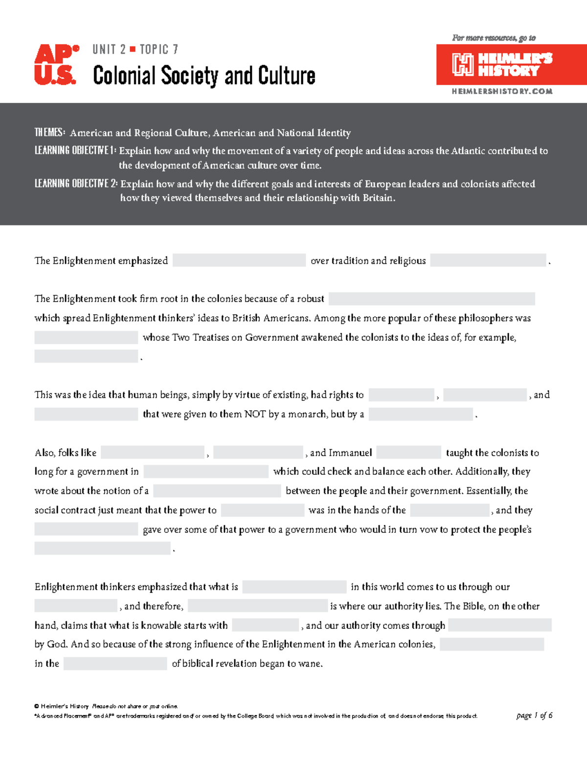 AP US History Unit 2 Topic 7: Colonial Society & Culture Noteguides ...