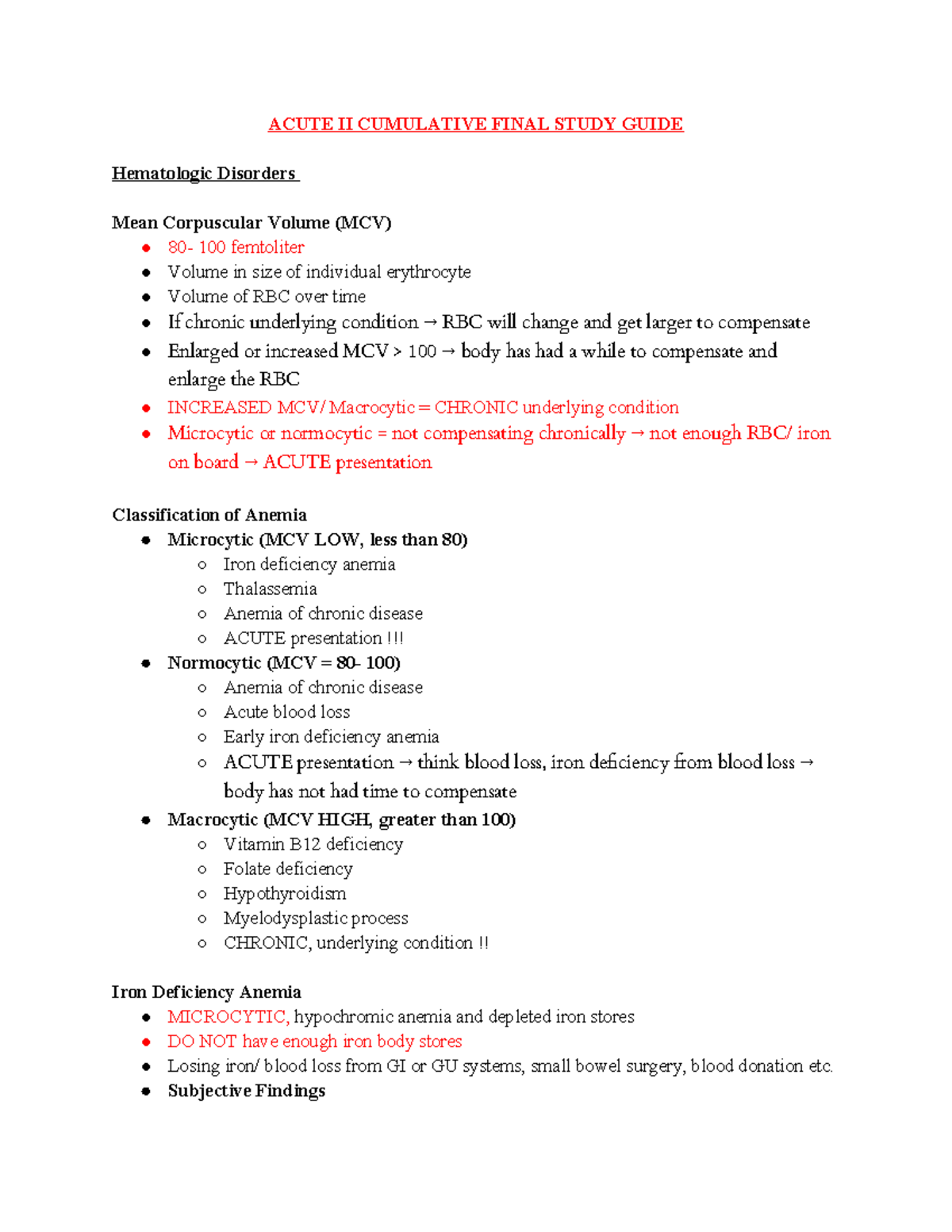 ACUTE II CUMULATIVE FINAL STUDY GUIDE: Hematologic Disorders Overview - Studocu