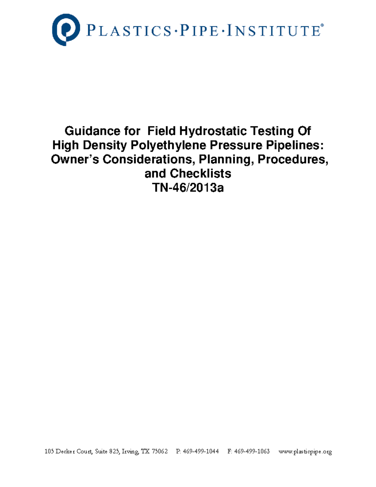 PPI TN-46/2013a Guide to Hydrostatic Testing of HDPE Pipelines - Studocu