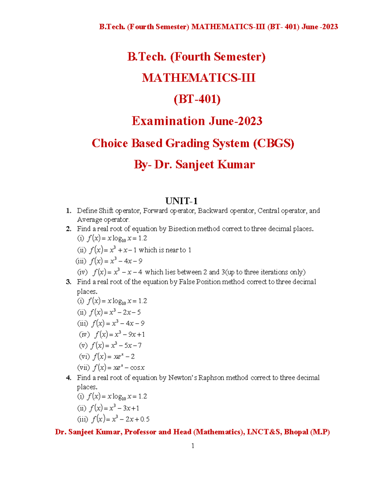 Important Questions for B.Tech. Mathematics-3 (BT-401) June 2023 Exam ...