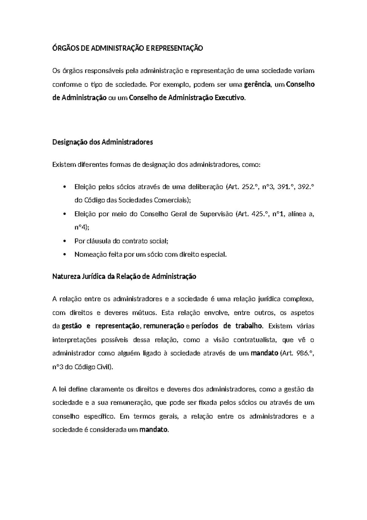 Órgãos de Administração e Representação: Estruturas e Deveres - Studocu
