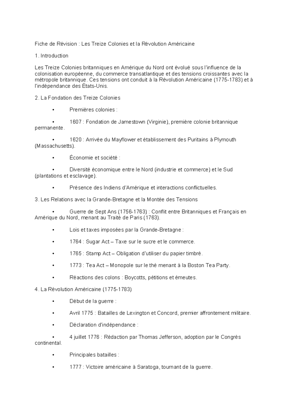 Fiche de Révision : Les Treize Colonies et la Révolution Américaine ...