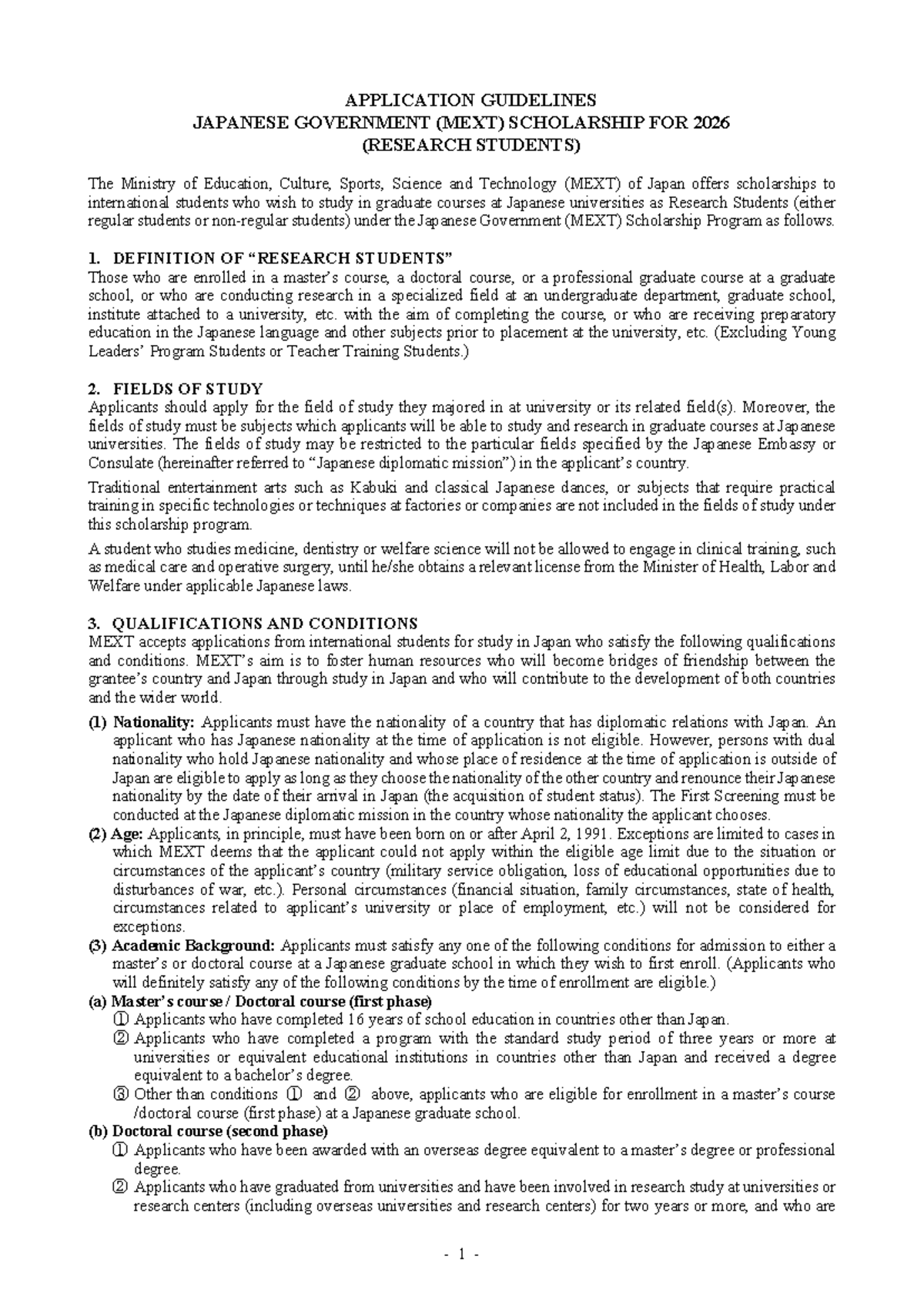 MEXT Scholarship Application Guidelines for Research Students 2026 ...