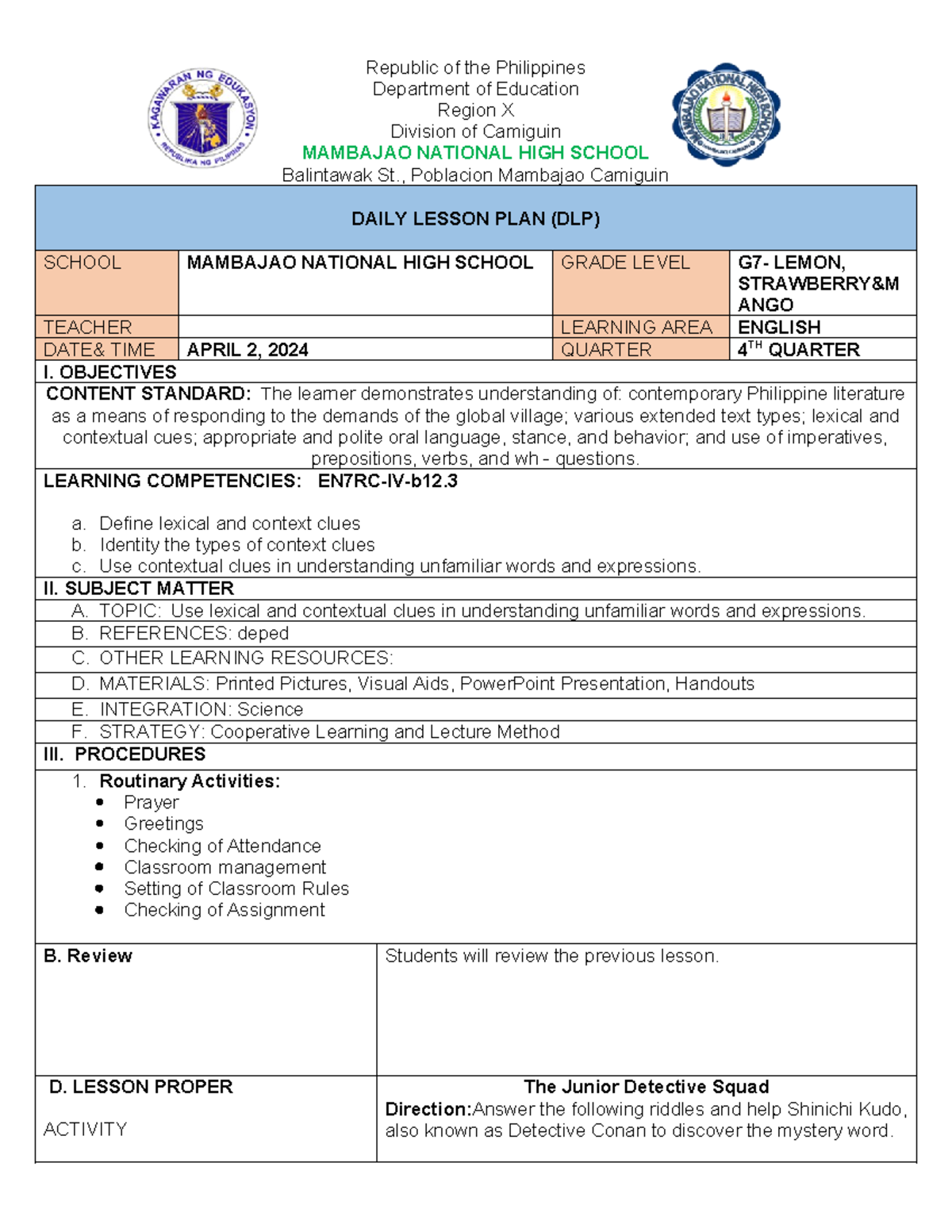G7 Lesson Plan: Understanding Lexical & Contextual Clues in English ...