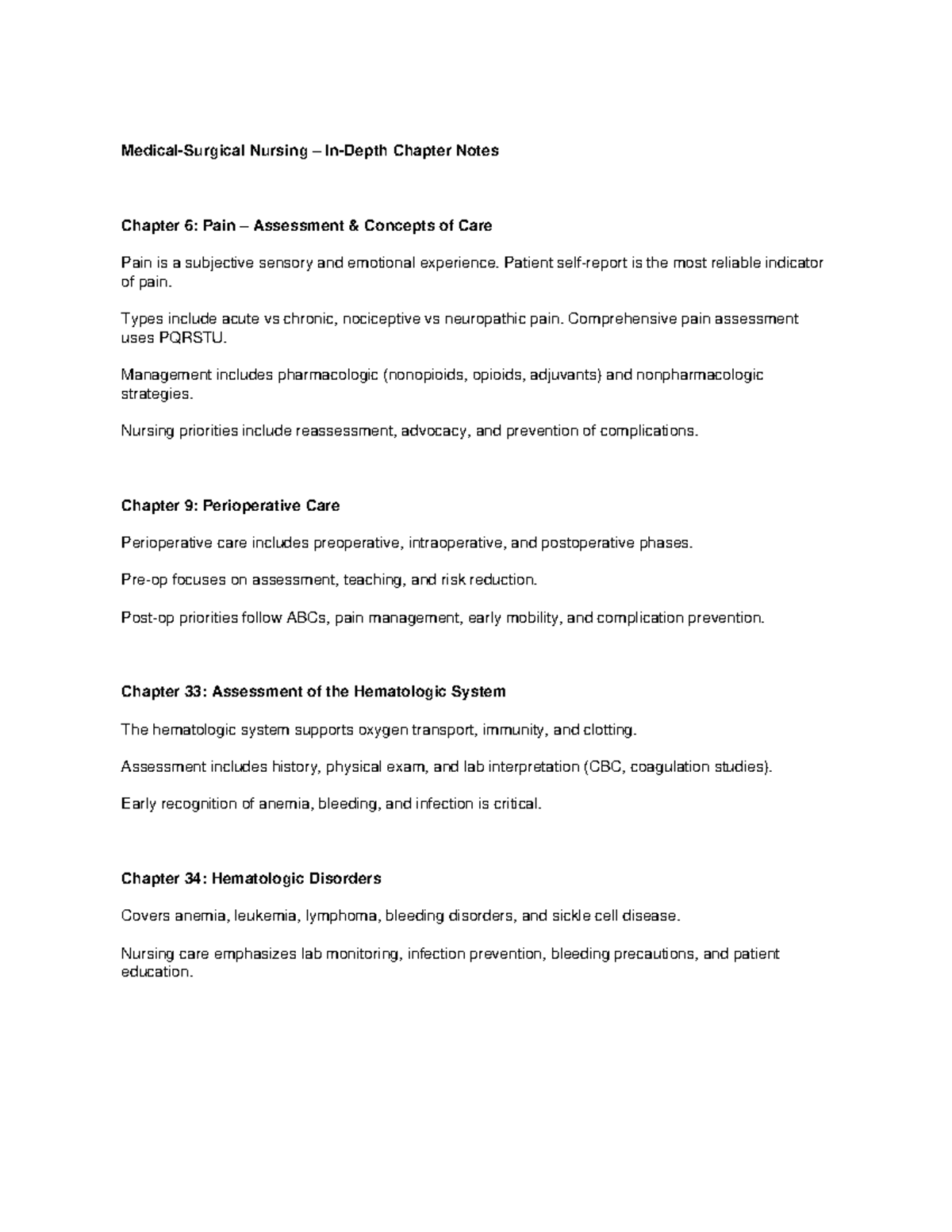 Med Surg Chapter Notes: Pain Assessment & Hematologic Care (Ch 6, 9, 33 ...