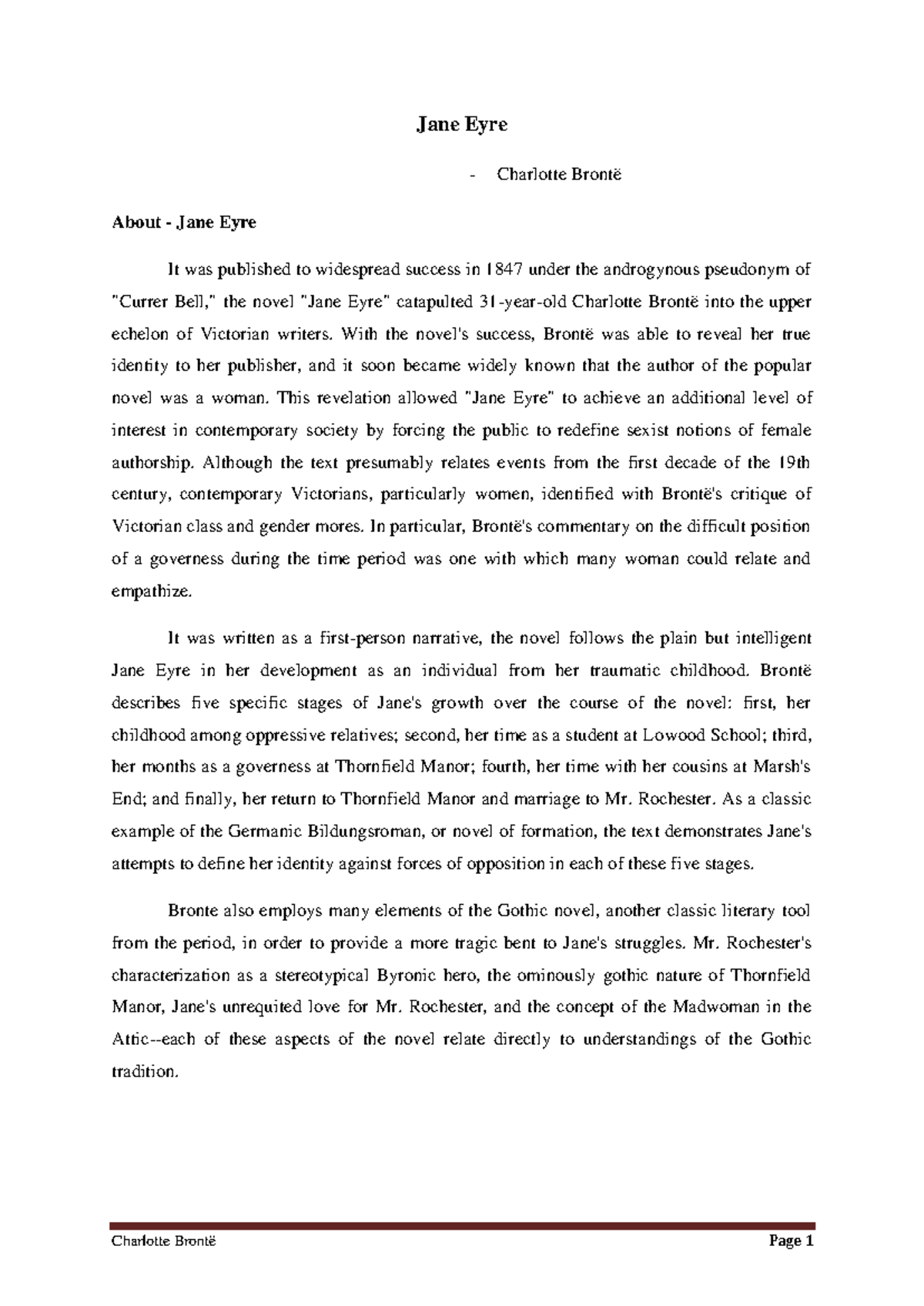 Jane Eyre (ENG 101) - Comprehensive Summary and Analysis - Studocu