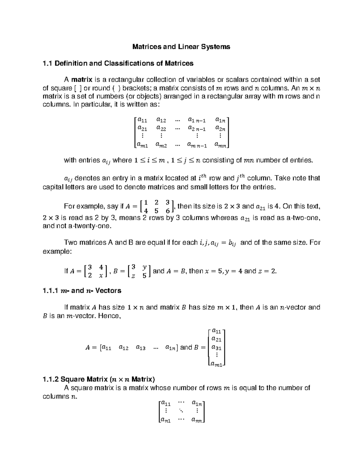 Amath Chapter 1 - Definition and Classifications of Matrices - Matrices ...