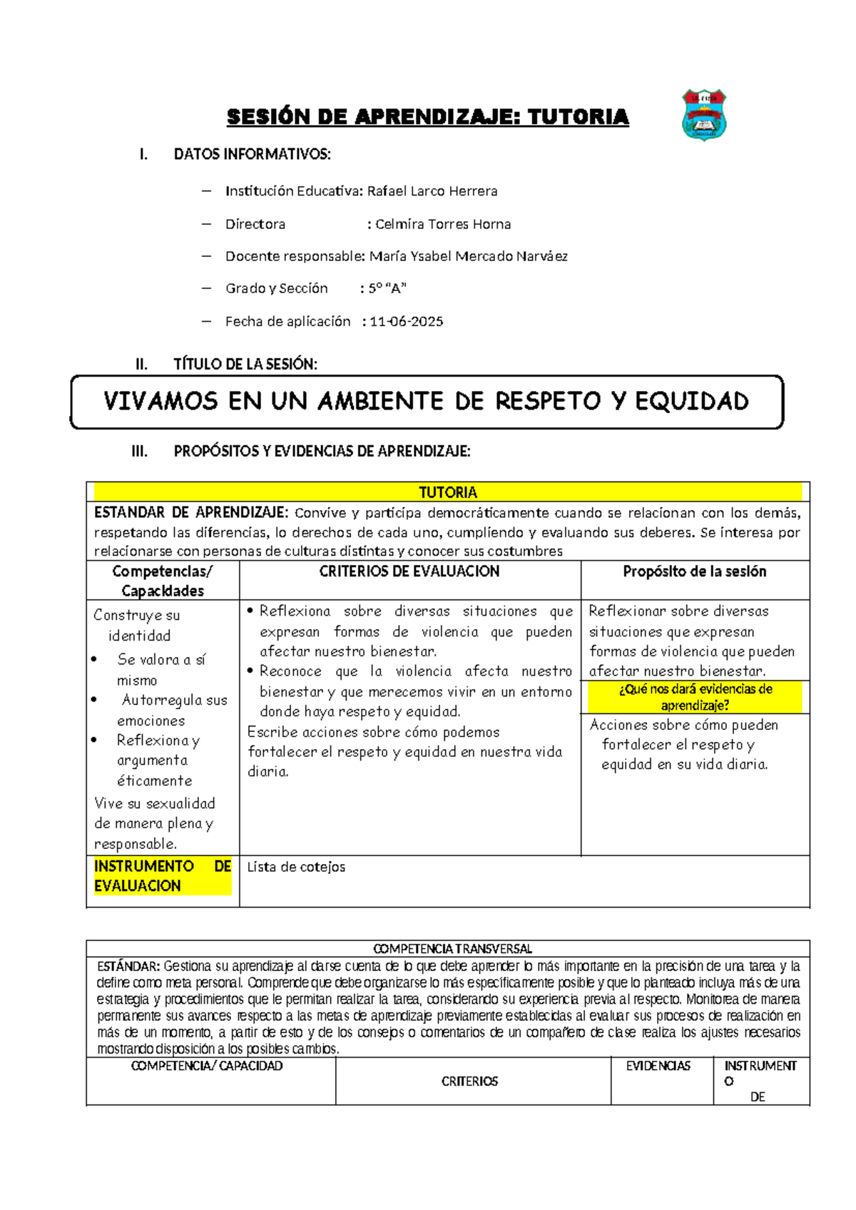 TUTORIA I: VIVAMOS EN UN AMBIENTE DE RESPETO Y EQUIDAD - SESIÓN DE ...