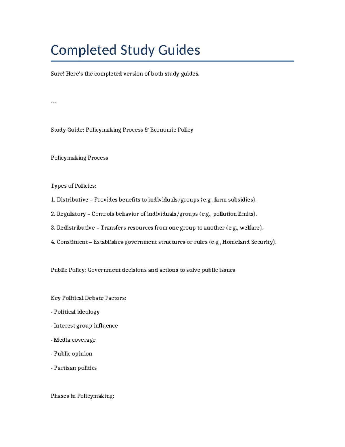 Policymaking Process Study Guide: Economic Policy Overview - Studocu