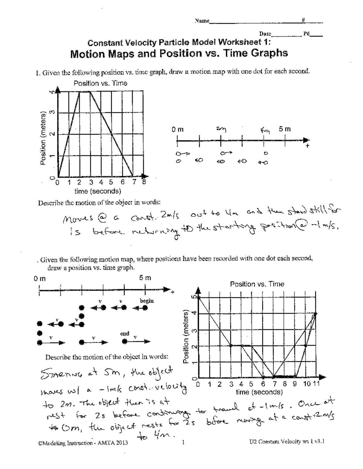 U2 Constant Velocity Worksheet 1: Motion Maps & Position-Time Graphs ...