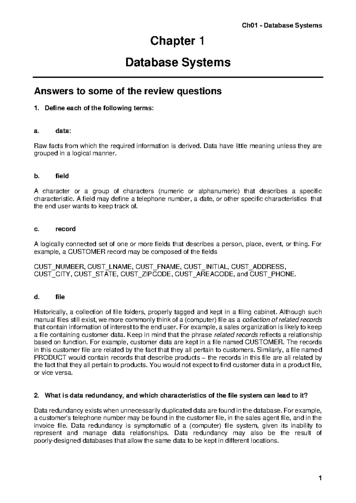INF214 Chapter 01 Database Systems Revision Notes - Studocu