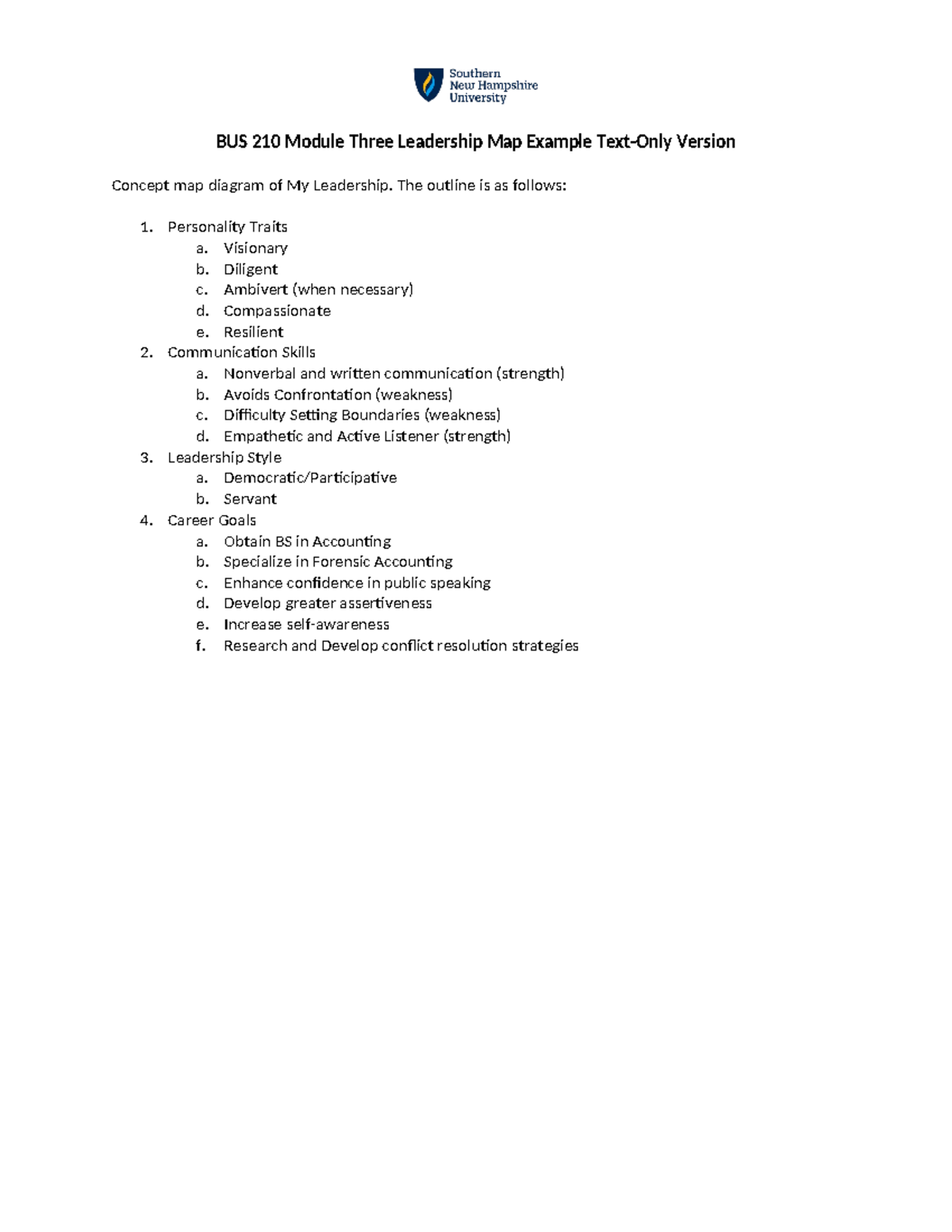 BUS 210 Module Three Leadership Map - The outline is as follows: 1 ...