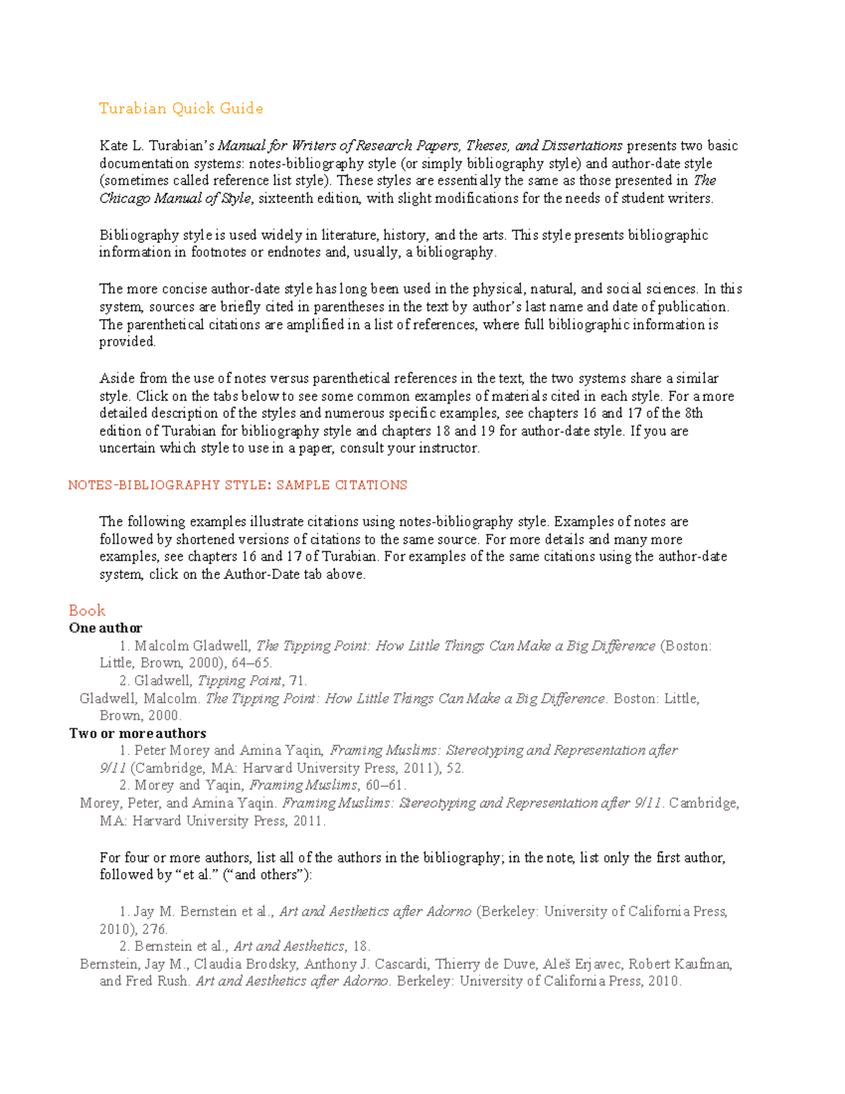 Turabian Quick Guide - chicago style - Turabian Quick Guide Kate L ...