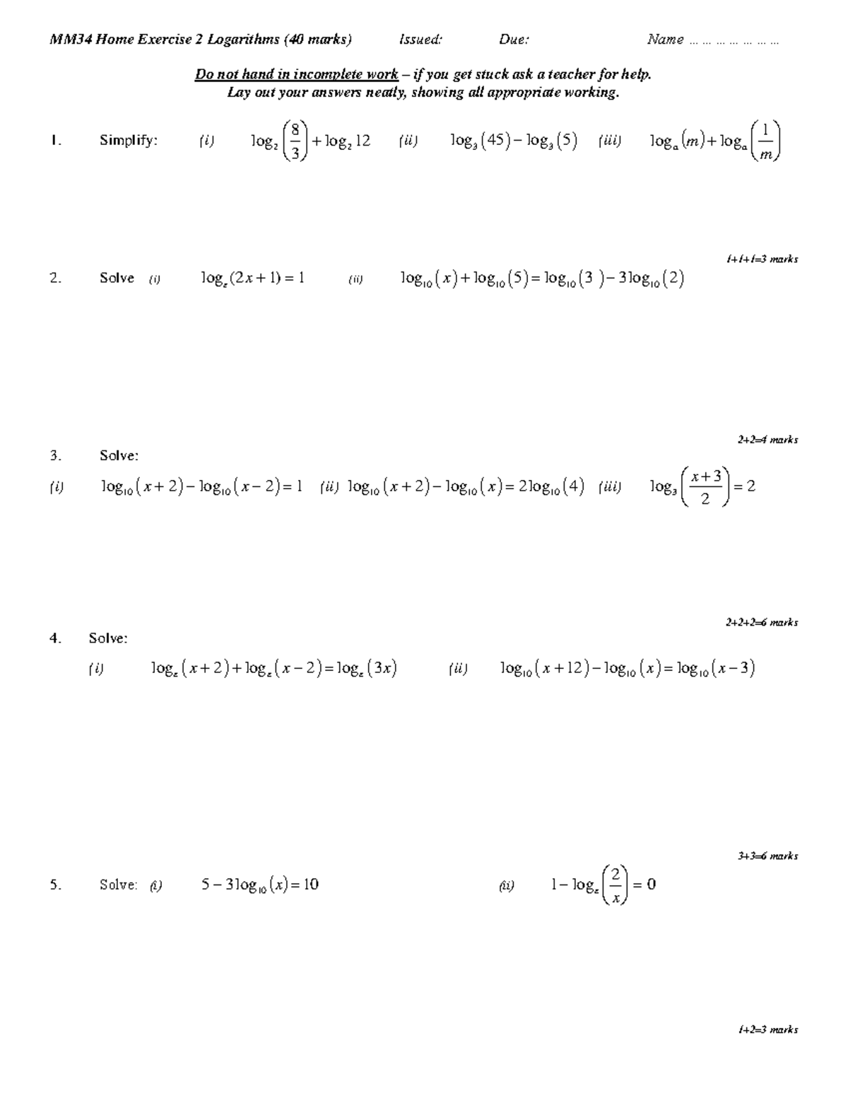 MM34 Home Exercise 2: Logarithms Summary Questions (40 Marks) - Studocu