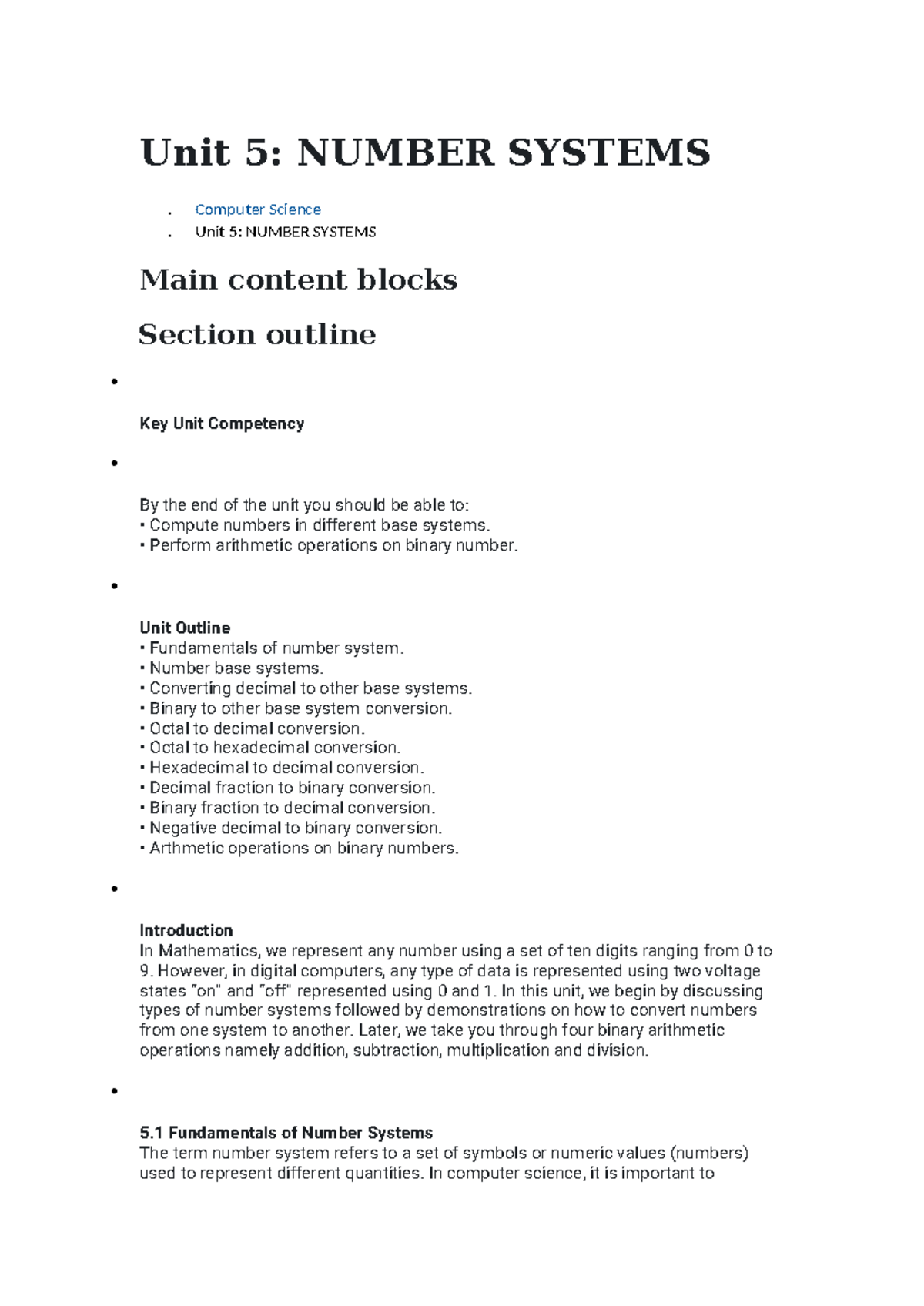 Unit 5: Number Systems - Computer Science Notes - Studocu