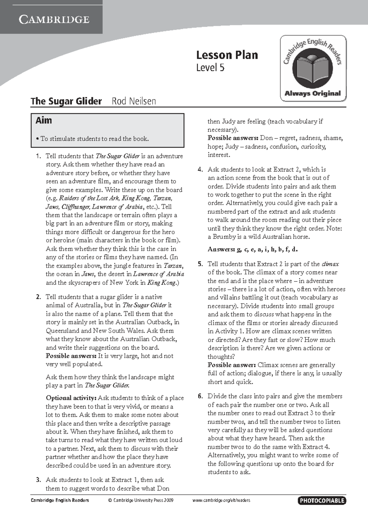 Lesson Plan: Cambridge English Readers Level 5 - The Sugar Glider - Studocu