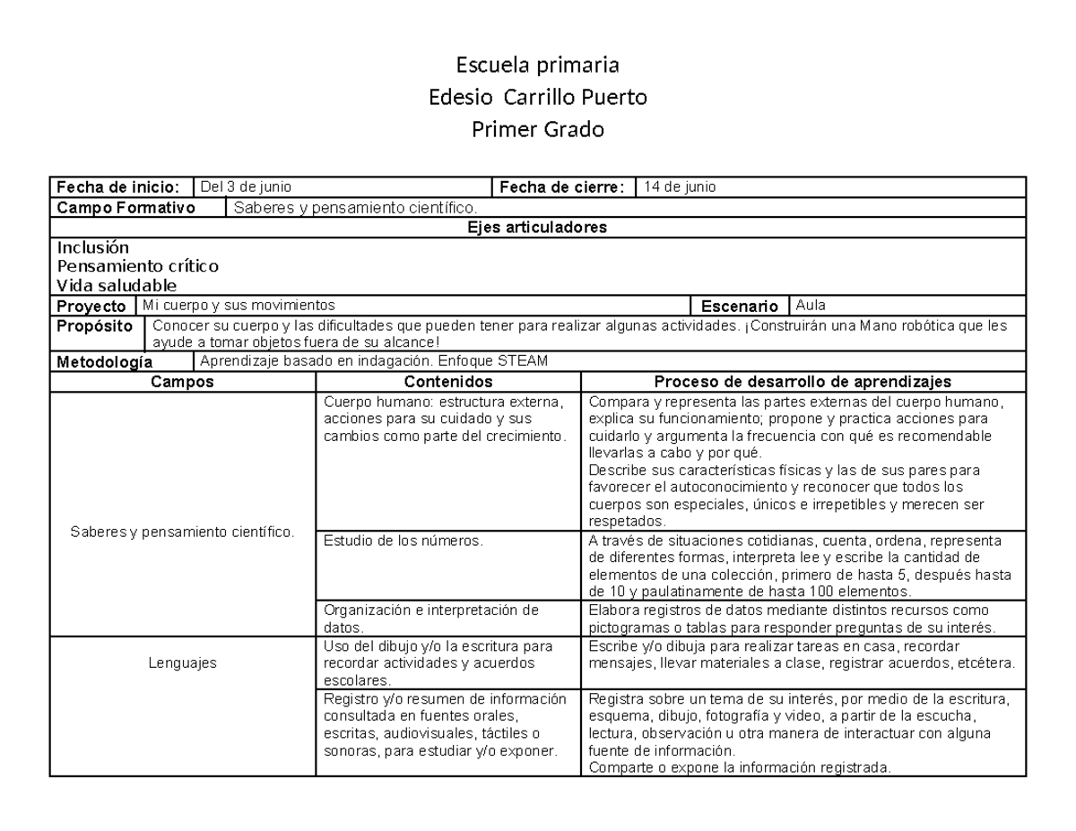 Planeación Proyecto Educativo: Mi Cuerpo y Sus Movimientos - 1er Grado ...