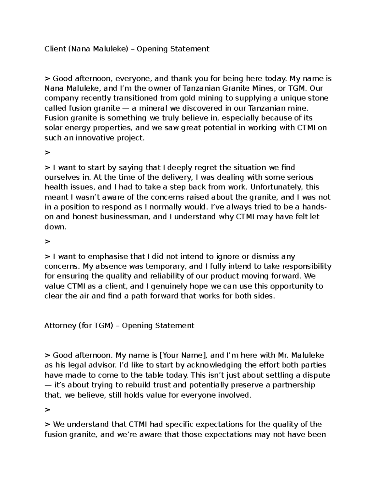 ADR Mediation Opening Statement for TGM Client Nana Maluleke - Studocu