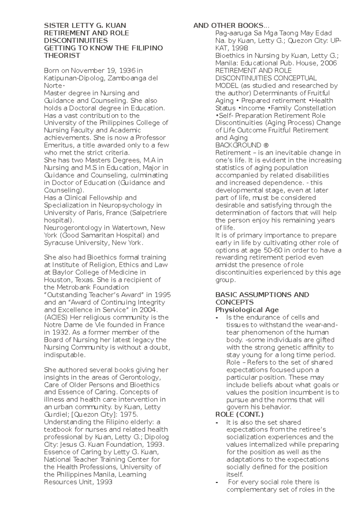 Sister Letty G. KUAN Retirement AND ROLE Discontinuities - SISTER LETTY ...