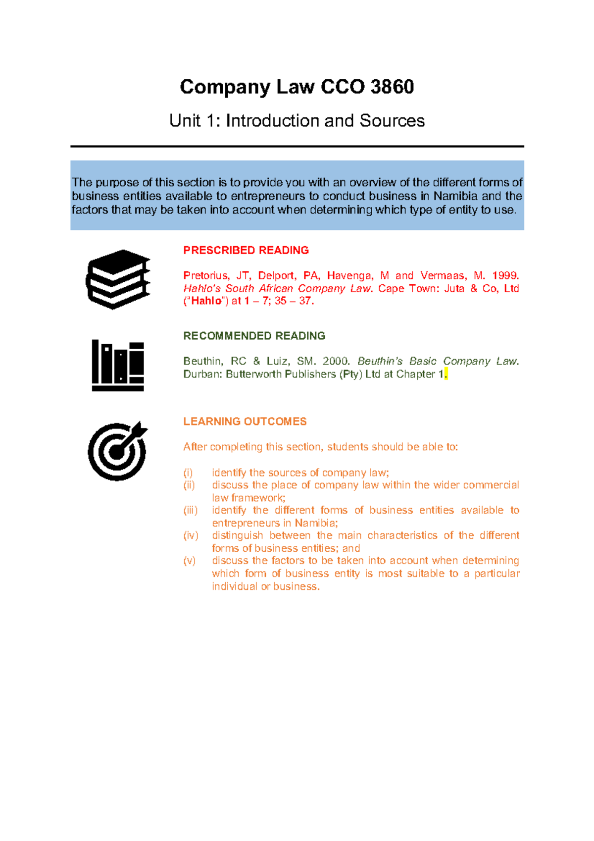 Unit 1 Introduction - Company Law CCO 3860 Unit 1: Introduction and ...