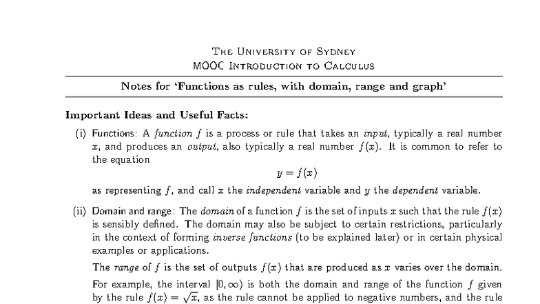 The University of Sydney MATH1010 Introduction to Calculus: Functions ...