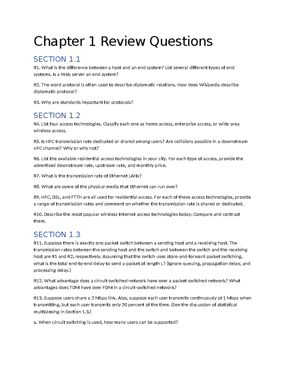 Chapter 1 Review Questions: Networking Concepts and Protocols - Studocu