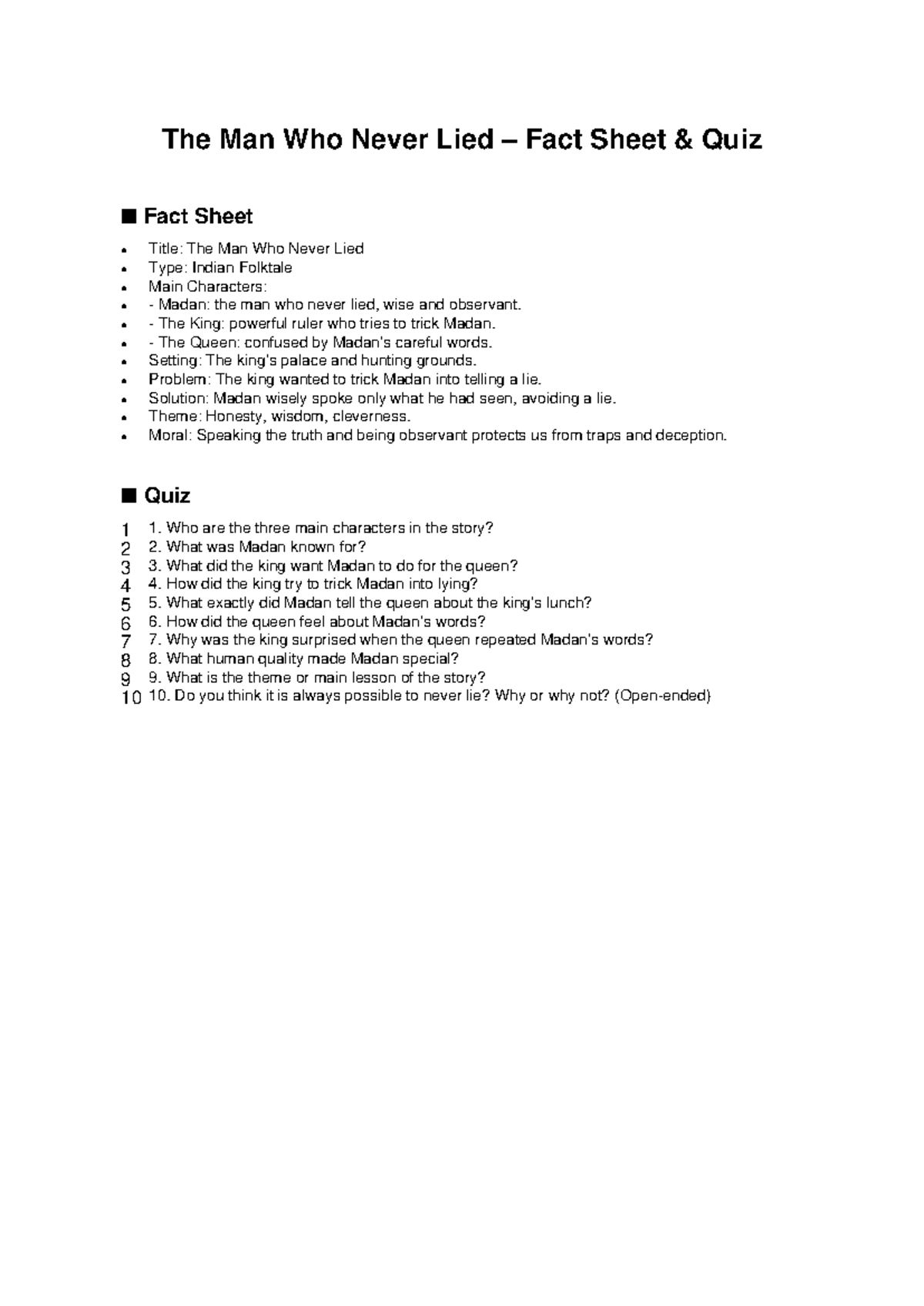 The Man Who Never Lied (Folktale) Quiz Fact Sheet - Studocu