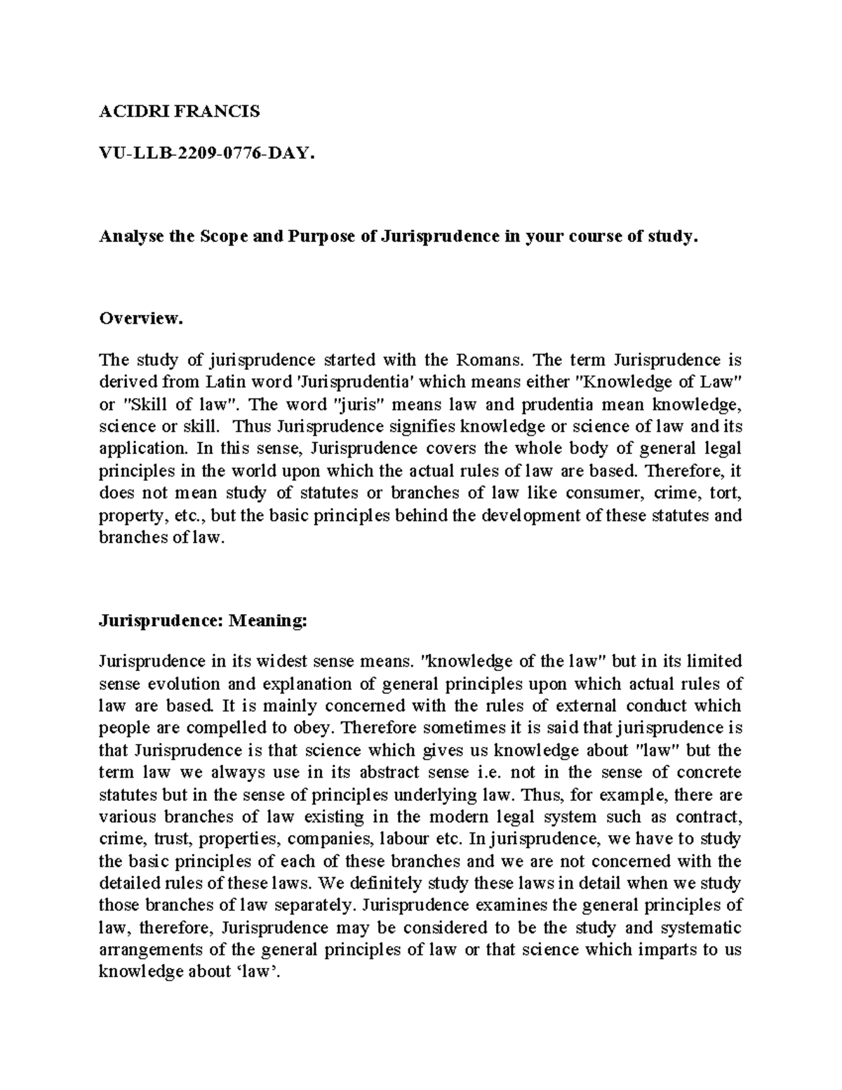 Acid Jurisprudence 1 first assignment - ACIDRI FRANCIS VU-LLB-2209-0776 ...