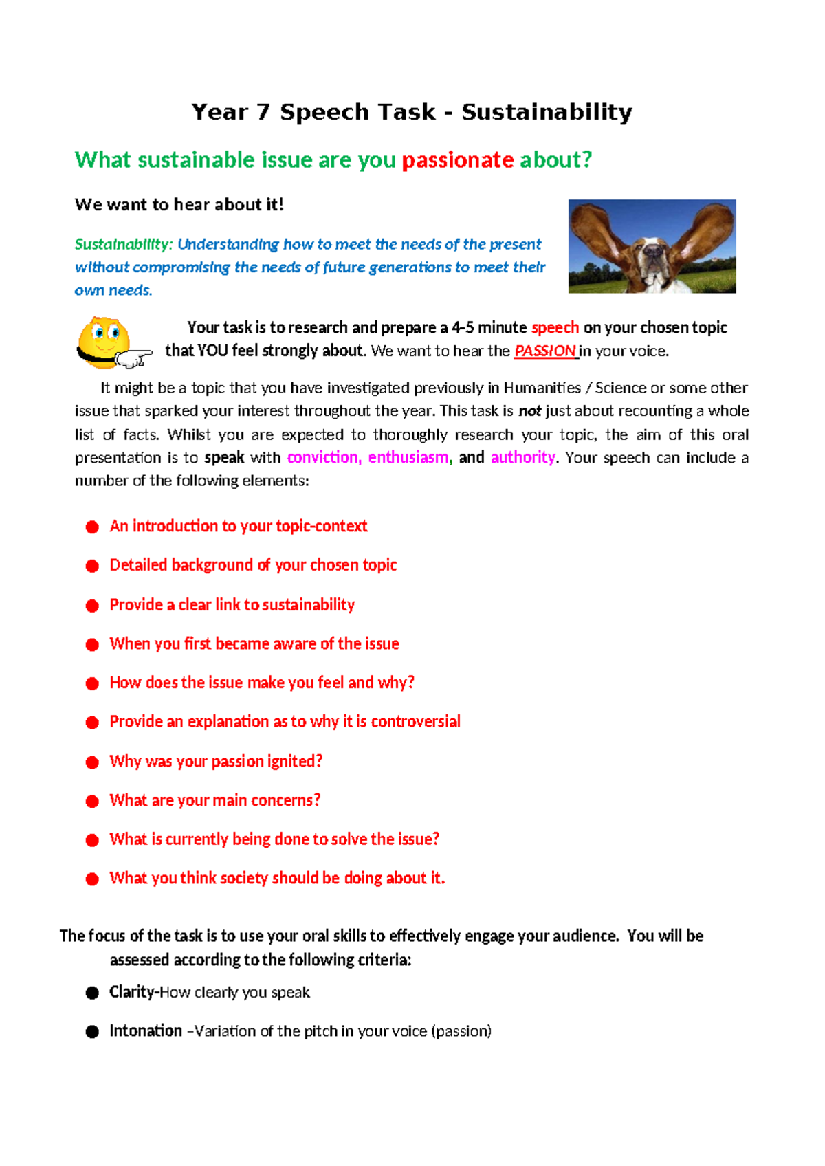 Year 7 Speech Task: Passionate Issues in Sustainability (2021) - Studocu