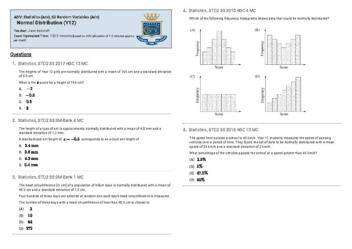 Normal Distribution Concepts and Problems for HSC Mathematics Adv - Studocu