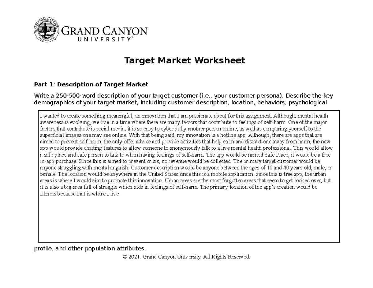 ENT-436Target Market Worksheet Assignment - Target Market Worksheet ...