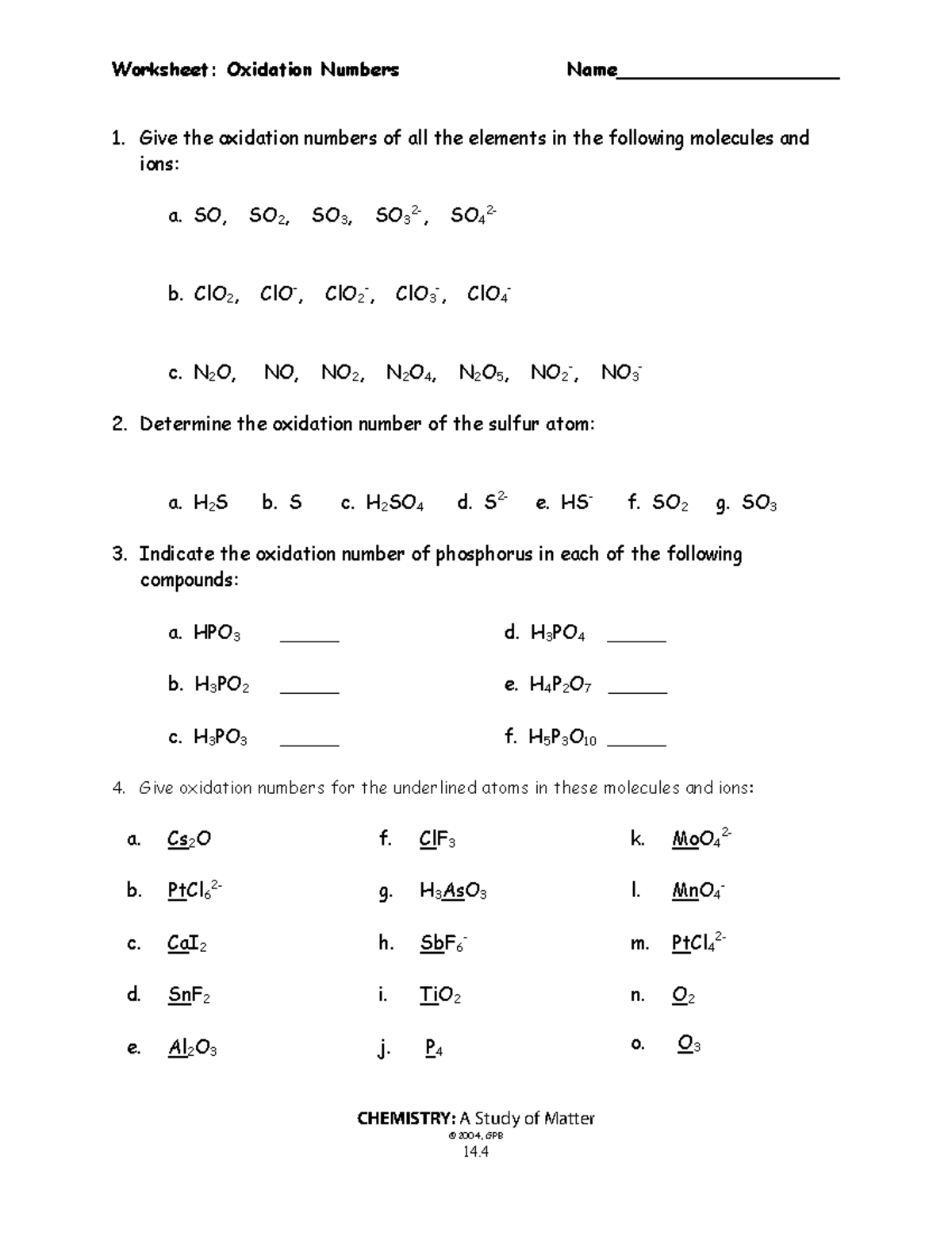 Worksheet: Oxidation Numbers in Molecules and Ions (CHEM 14.4) - Studocu