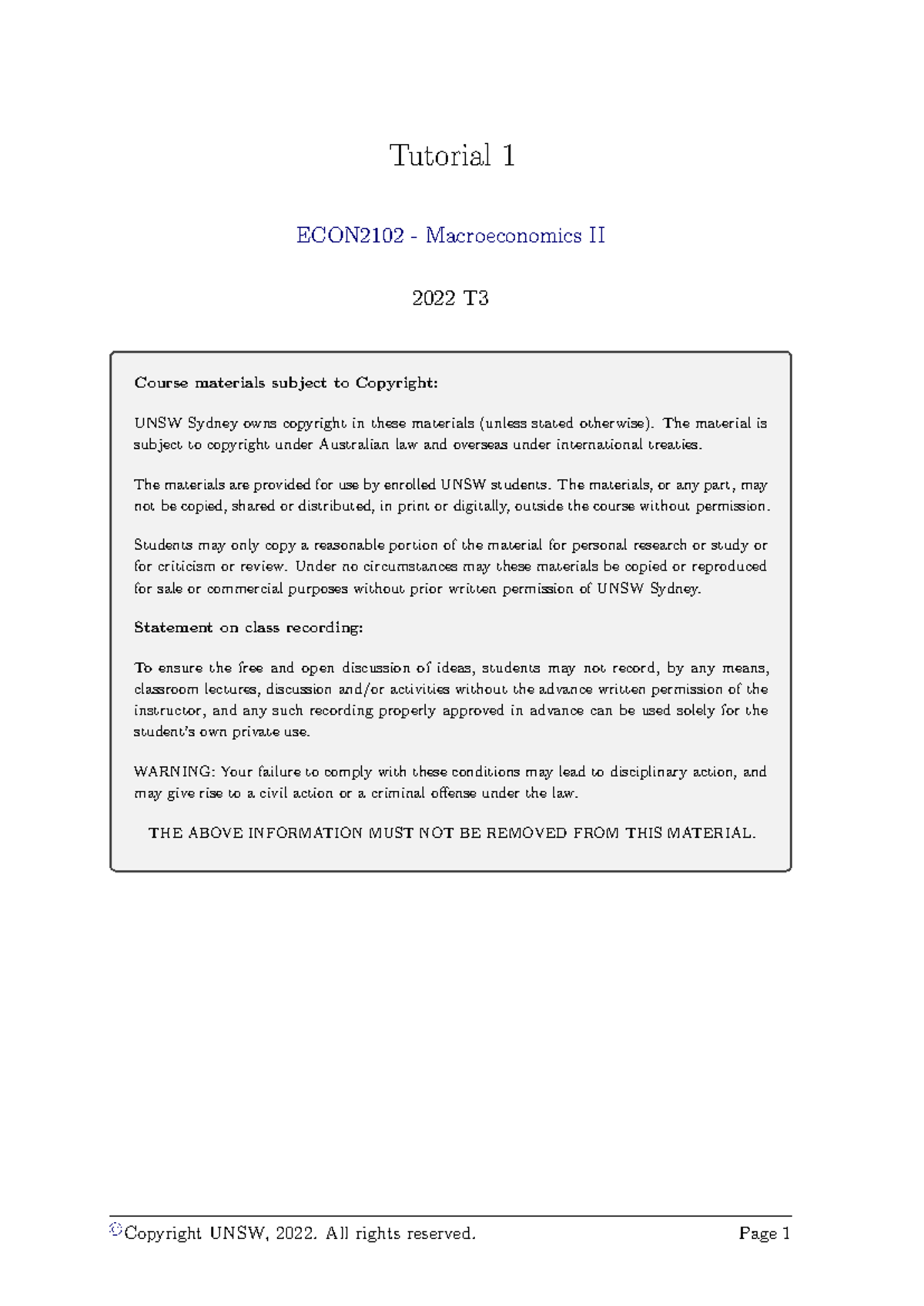 ECON2102 Tutorial 1 - Questions on Economic Models and Recovery - Studocu