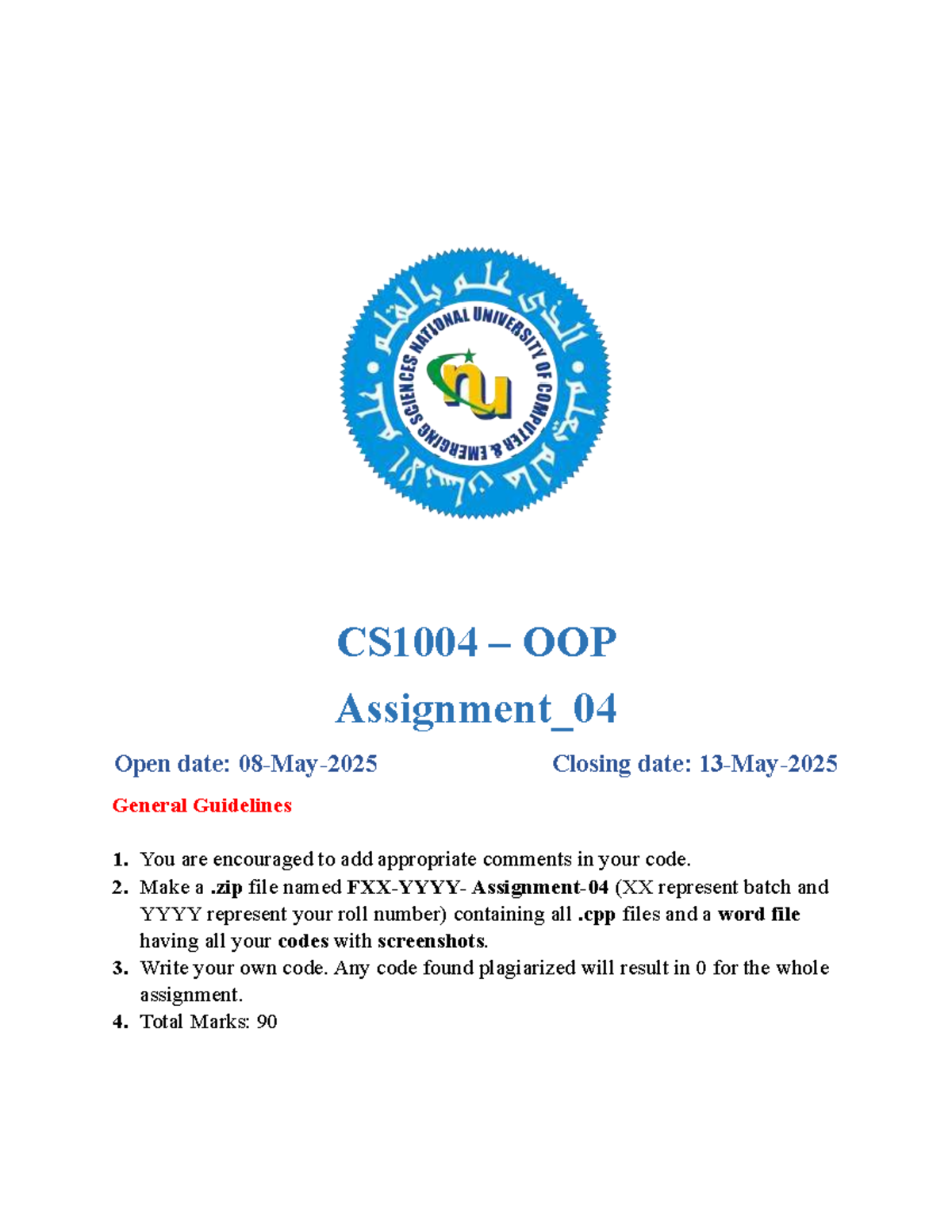 CS1004 OOP Assignment 04: General Guidelines and Problem Statements ...