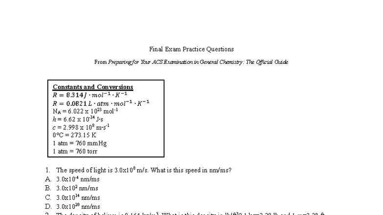Final Exam Practice Questions for ACS General Chemistry (CHEM 101 ...