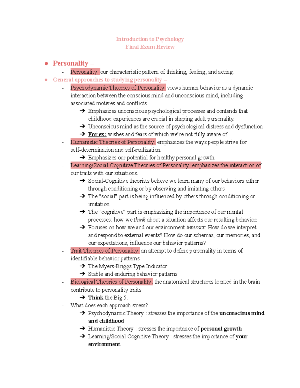 PSY 100 - Final Exam Review - Introduction to Psychology Final Exam ...