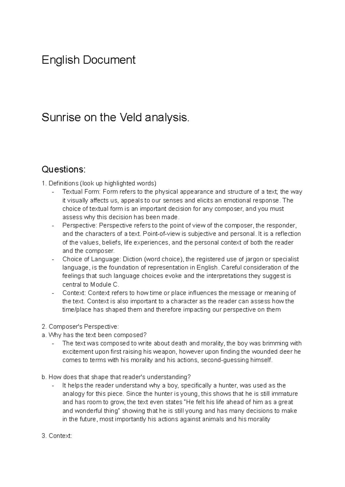 English Document - Analysis of "Sunrise on the Veld" and Reflection ...