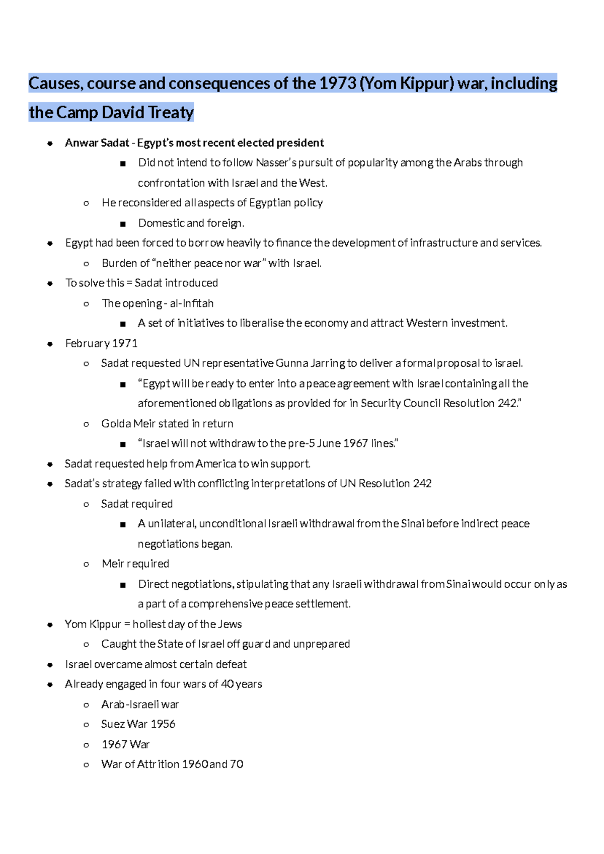 The Arab-Israeli Conflict: Summary Notes on the 1973 War and Camp David ...