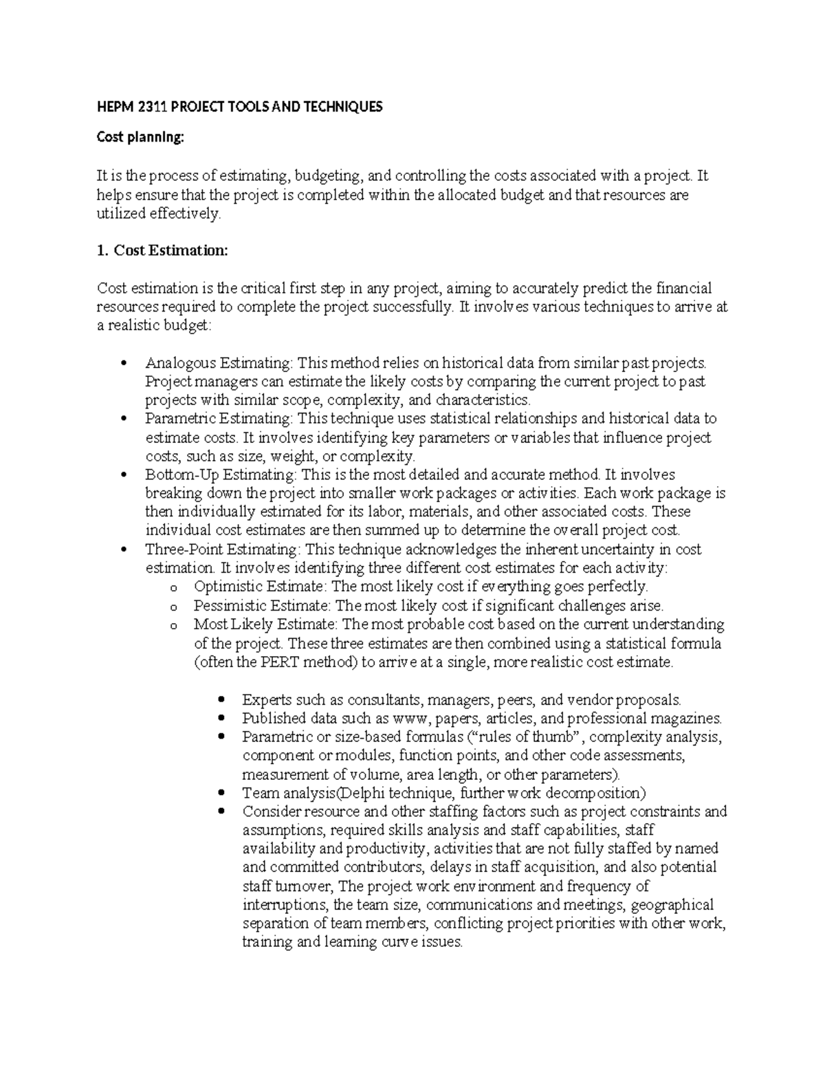 HEPM 2311 Cost Planning Techniques for Effective Project Management ...
