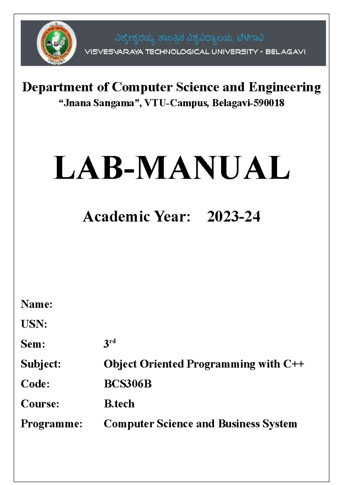 C++ Lab Assignments for BCS306B - Object Oriented Programming - Studocu